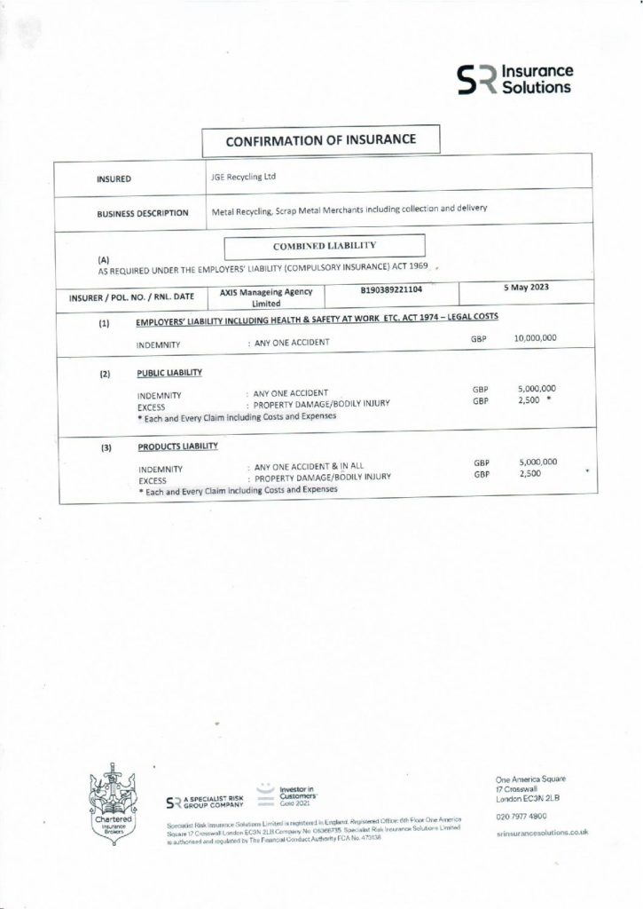 Confirmation of Insurance - JGE Recycling